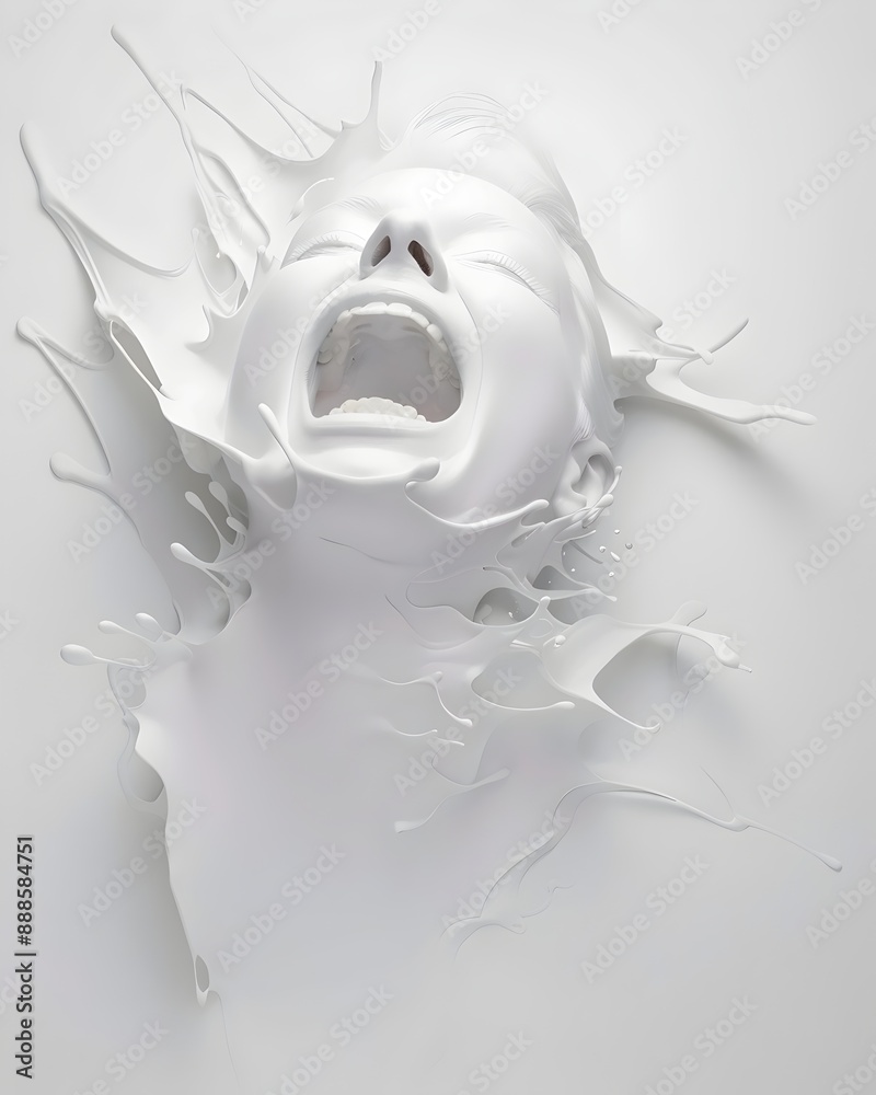 A surreal image of a human face emerging from a white background ...
