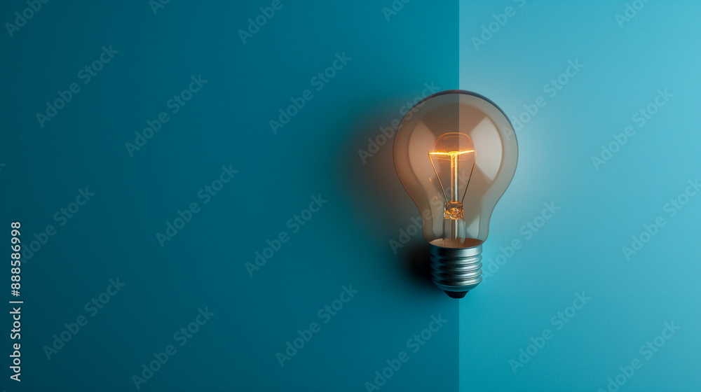 A glowing light bulb half in shadow, half in light, against a teal ...