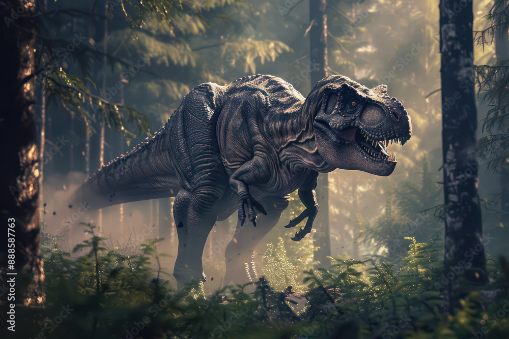 Tyrannosaurus Rex dinosaur roaming through a prehistoric jungle. A ...