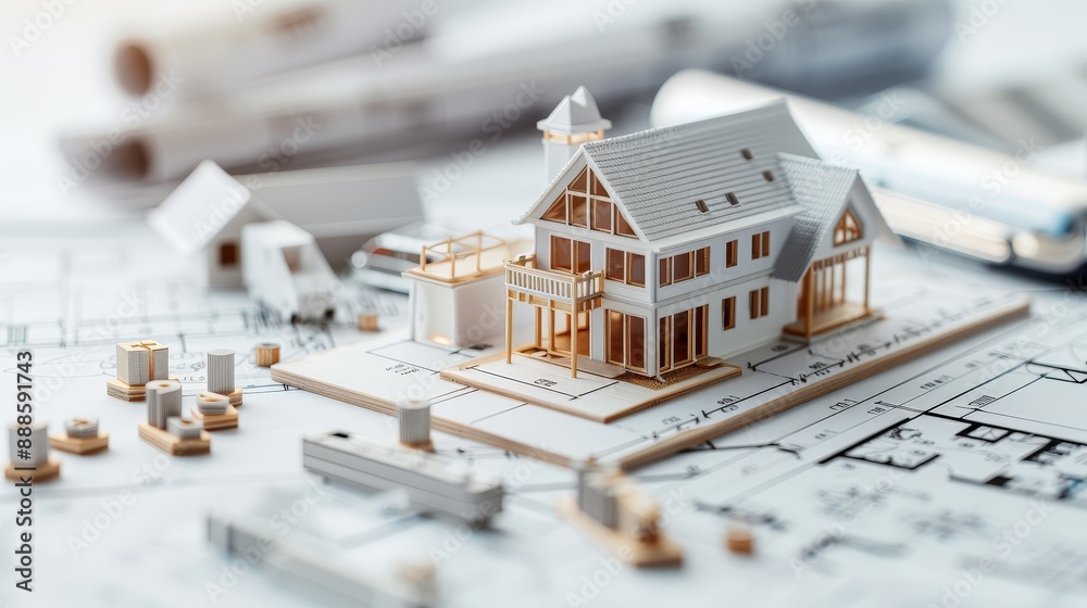 Architectural model of house on blueprint. Concept of construction ...