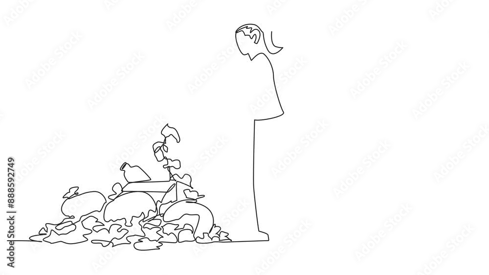 Self drawing animation of continuous one line drawing woman throws ...