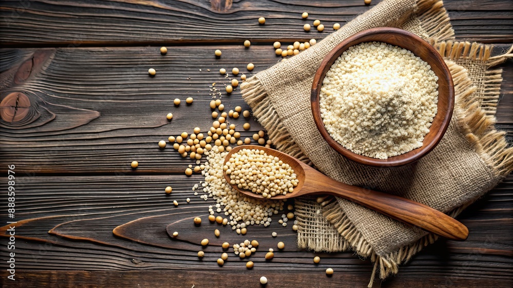 Organic sorghum flour with seeds on dark wooden background, top view ...