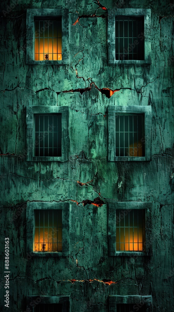 Eerie, old, and abandoned building with cracked walls and barred ...