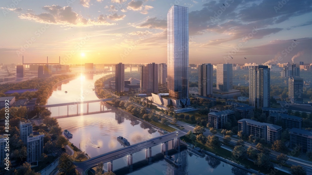 an architecture, a 100 meter tower with podium, QH center, office ...