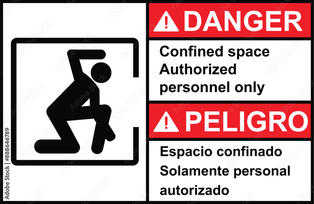 Danger confined space sign with symbol. Confined space entry by permit ...