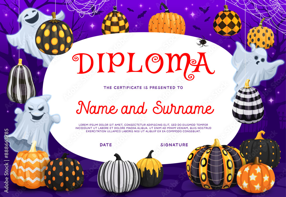 Halloween kids diploma with cartoon ghosts and patterned pumpkins on ...