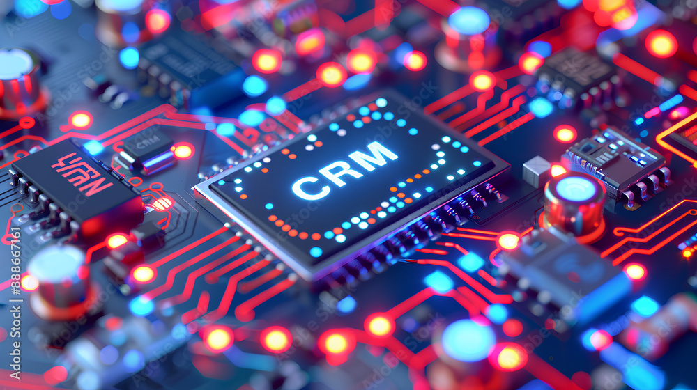 An illustration of a microchip on a circuit board with "CRM" stylized ...