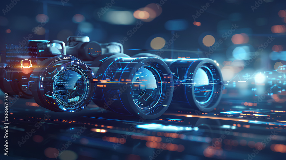 digital blue binocular with data streams, ai in visual recognition ...