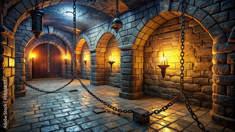 Medieval castle dungeon interior with torches, chains, and cobblestone ...