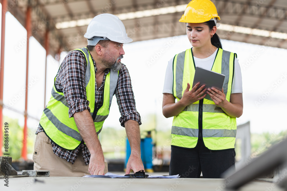 Caucasian site manager and builder inspect the construction site ...