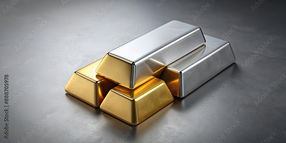 Shiny silver ingot and gold bullion bars on grey background, silver ...