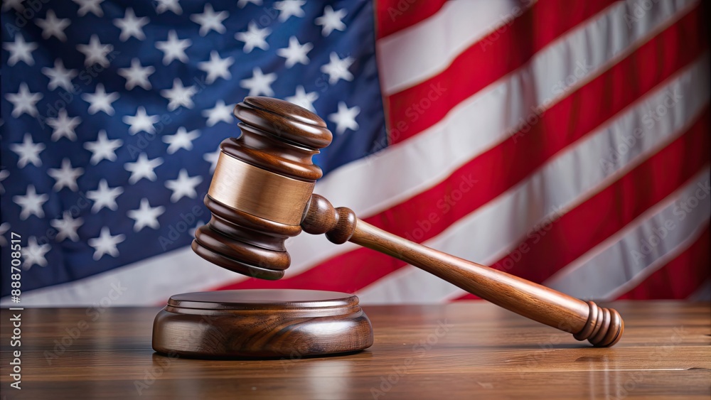 Gavel on block in courtroom with American flag in background, judge ...
