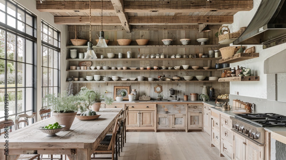 An inviting farmhouse kitchen with exposed wooden rafters, open ...