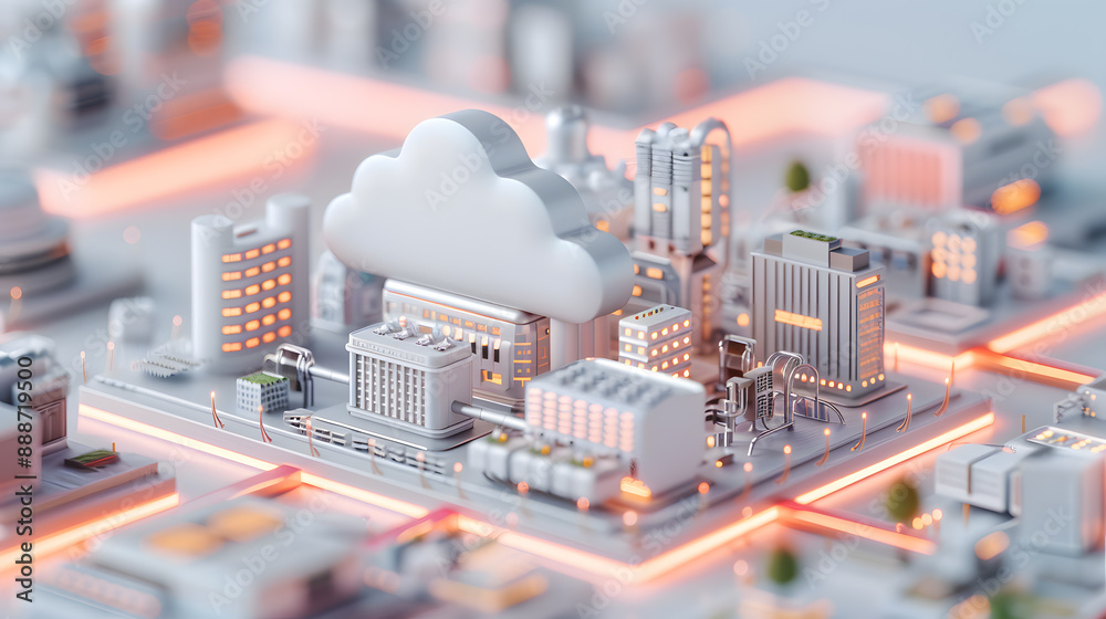3D illustration of cloud computing in a modern data center with cloud ...