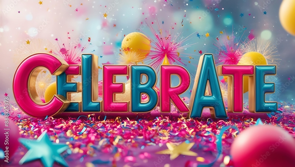 3D gold letters spelling out “Celebrate” with a party-themed background ...
