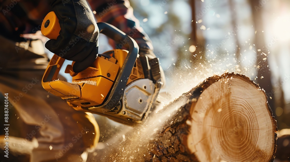 Person using chainsaw on log in forest, close-up, sawdust flying ...