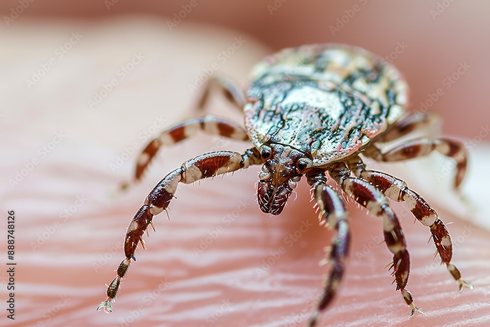 Detailed macro shot of a tick feeding on human skin, highlighting the ...