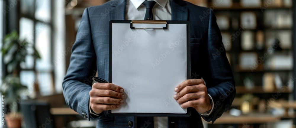 Businessman holding a blank clipboard with a pen on a white background ...