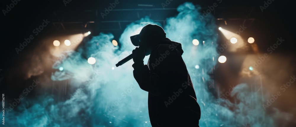 Rap trap and hip hop star performing on nightclub stage with dark ...