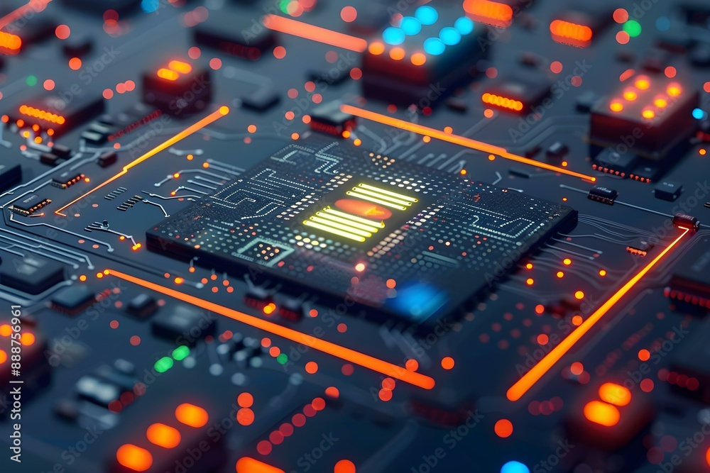 Close up photo of a glowing AI microchip on a circuit board ...
