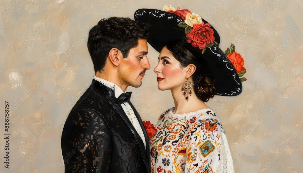 Traditional Mexican wedding, bride and groom in embroidered attire ...