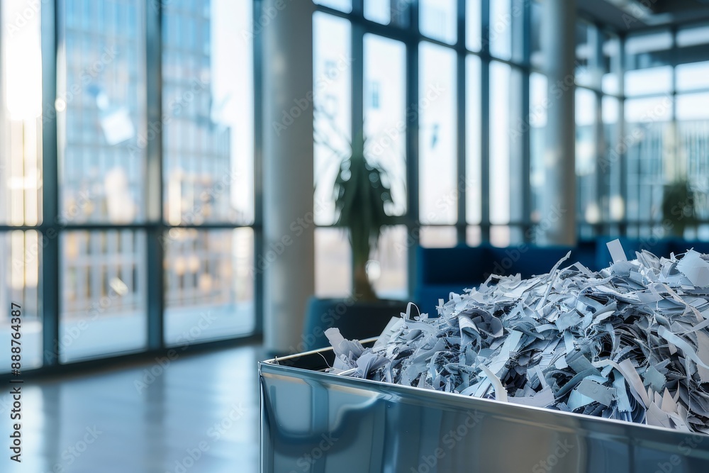 Shredded paper in bin blurred modern office background Documents ...