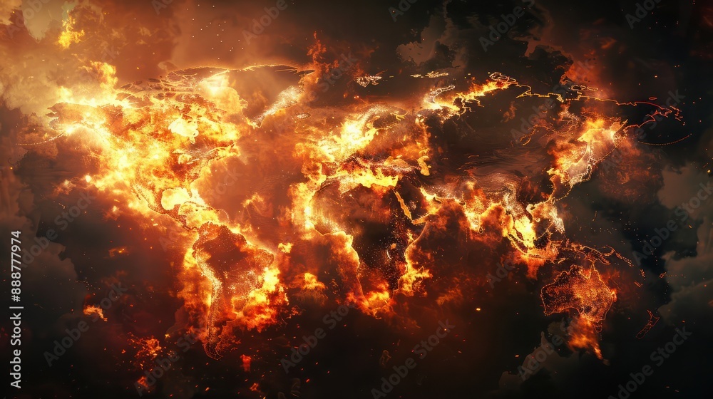 A world map in war with military targets where explosions, fire and ...