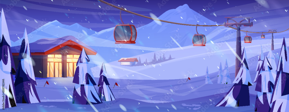 Winter mountain resort with cable cars at night. Vector cartoon ...