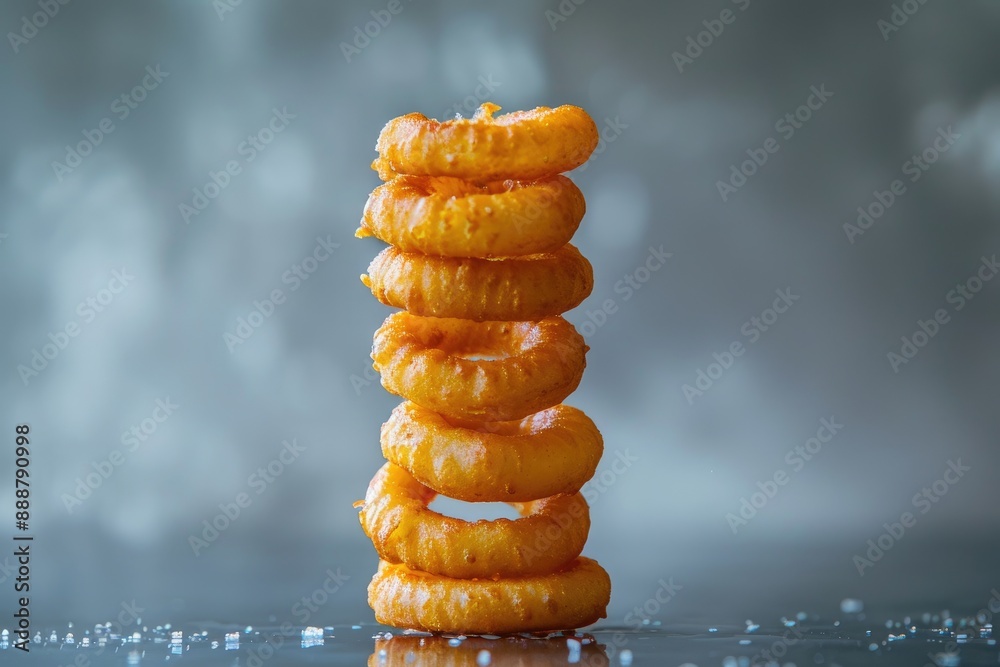 A stack of golden onion rings on a rustic wooden table, A towering ...