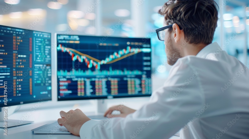 Developer coding an algorithm for a fintech application with stock ...