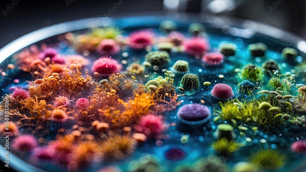 Colorful variety of microorganism inside petri dish plate in laboratory ...