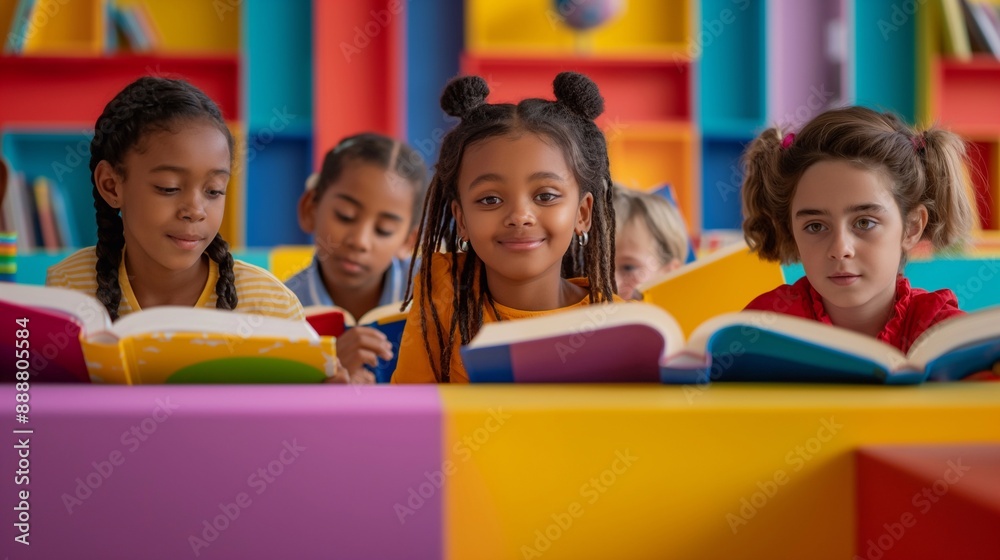 Group of elementary school children from different backgrounds reading ...