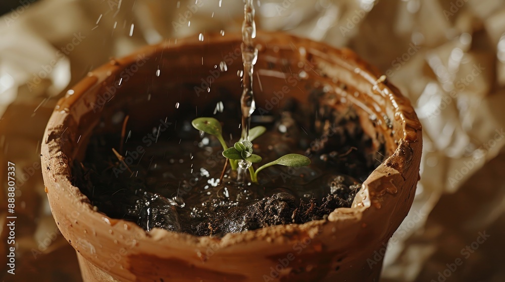 Watering clay pot close up with seed germination emphasis brown paper ...