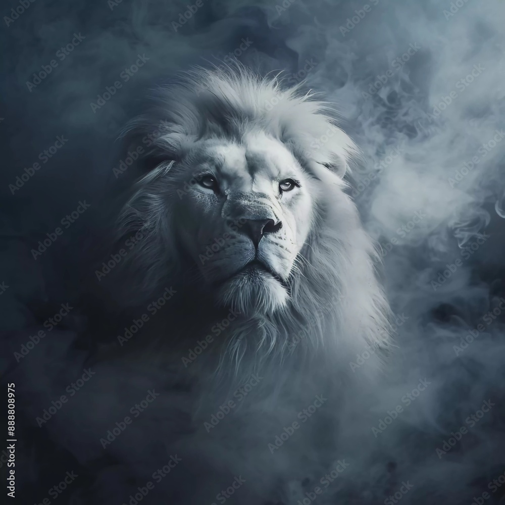 Fantasy white lion - lion deity - lion god - dark background - misty ...