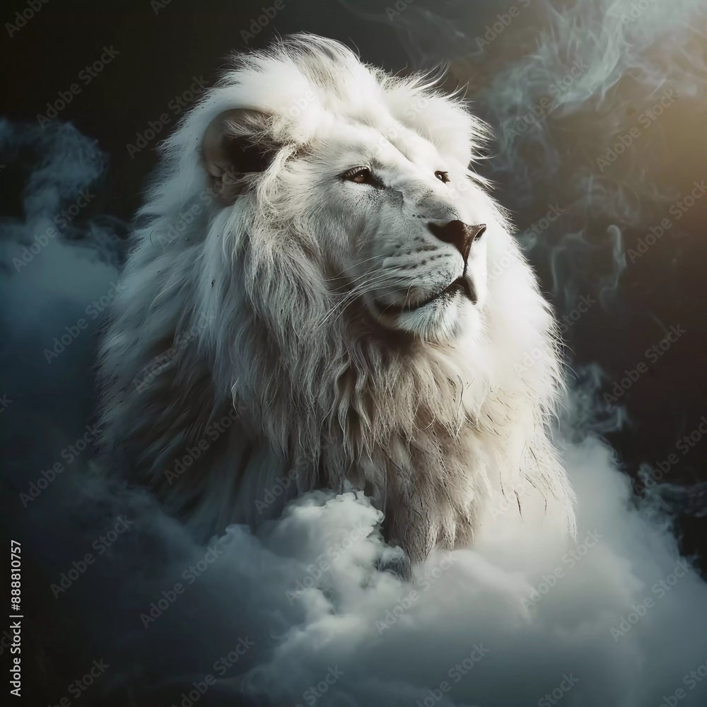 Fantasy white lion - lion deity - lion god - dark background - misty ...