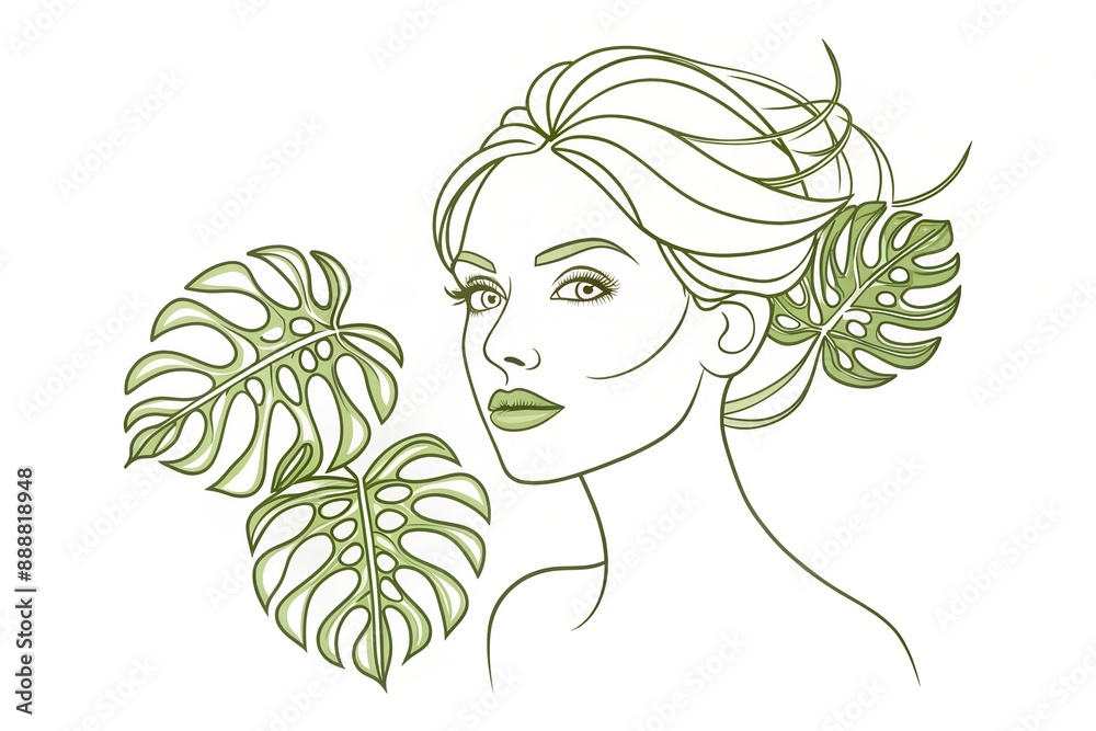 Beauty Woman Face With Monstera Leaves One Line Drawing Art Continuous