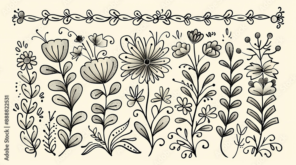 set of floral elements line art drawing illustration isolated on white ...