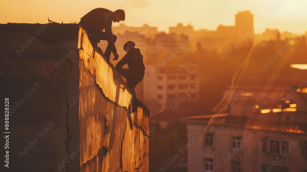 Silhouette of an urbex explorer helping another UE person climbing on ...