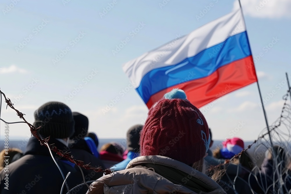 National symbol of Russia. Tricolor of Russian Federation. Protesting ...