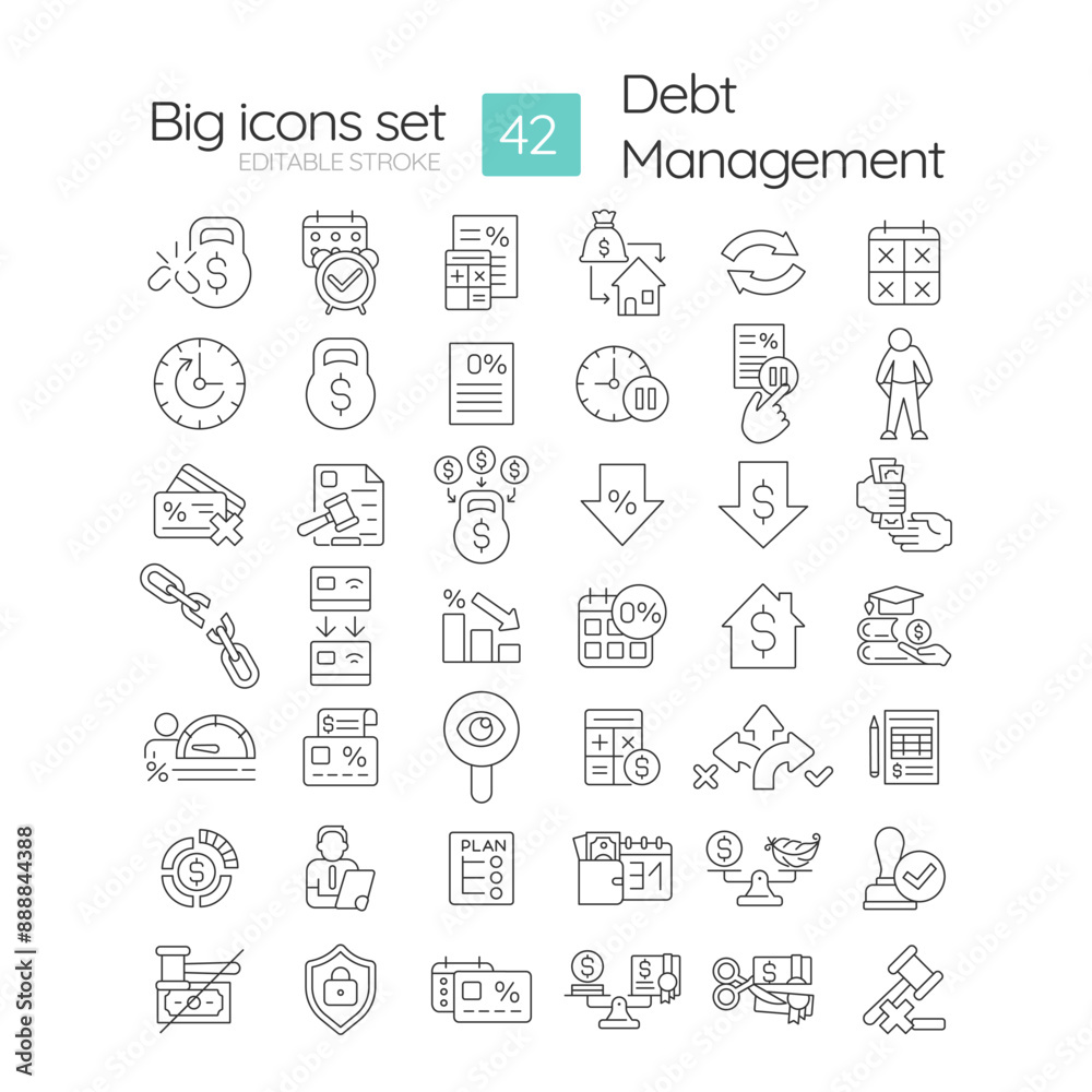 Debt management linear icons set. Bank statement, balance sheet ...