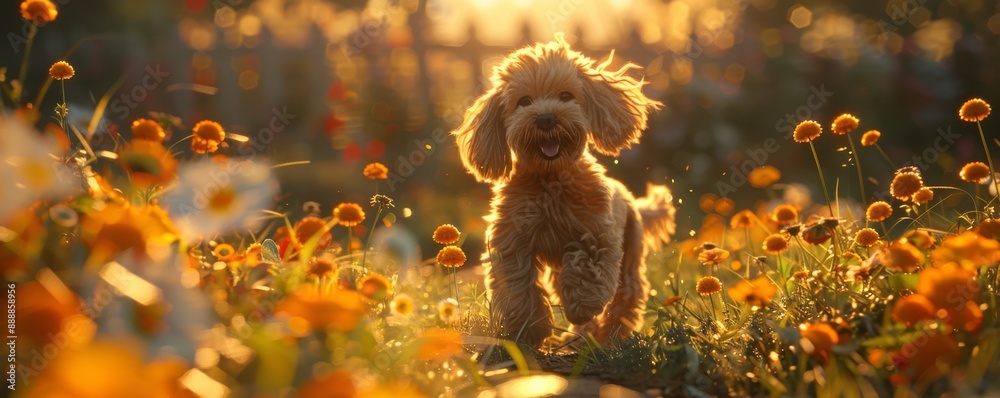 Adorable dog frolicing in a colorful flower field at sunset, bathed in ...