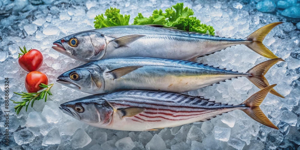 Fresh tuna mackerel fish on ice, local produce, Japanese katsuo, bonito ...