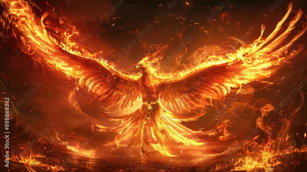 Photograph of a mighty Phoenix, its wings ablaze with flames, rising ...