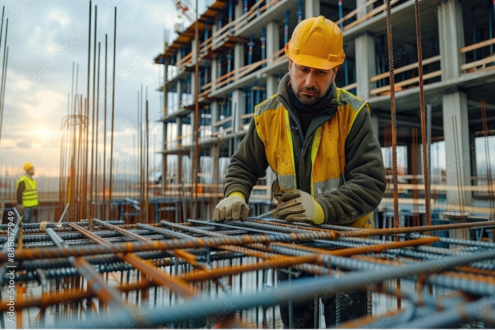 A construction worker working on steel rebar frames at the site of an ...