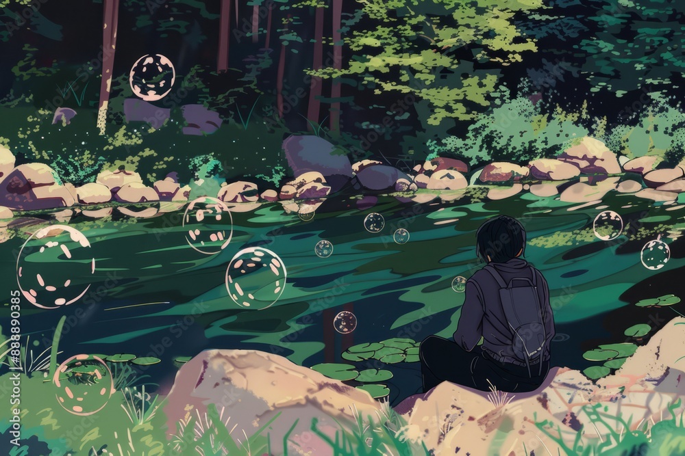Blowing bubbles by a quiet riverbank, a person listens to the gentle ...