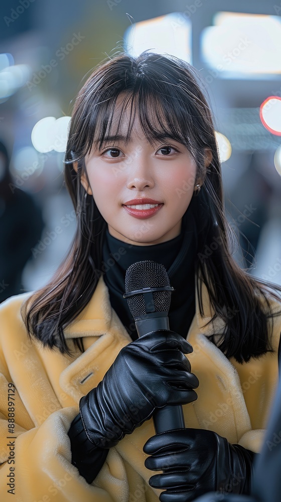 A young and beautiful Japanese woman with straight dark brown medium ...