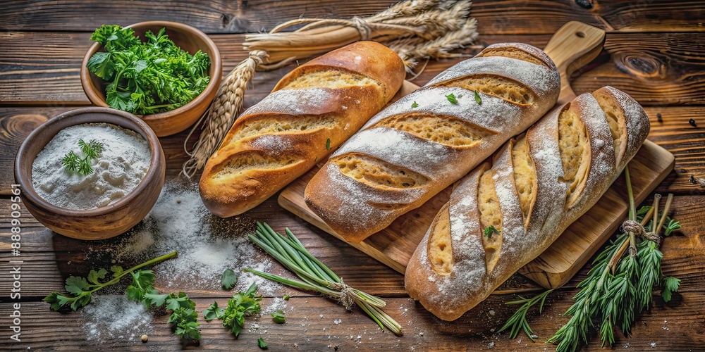 Freshly baked artisanal bread, crusty baguette, and crustless sandwich ...