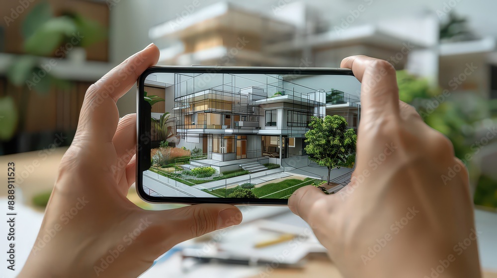 person uses a smartphone to visualize a 3D model of a modern house ...