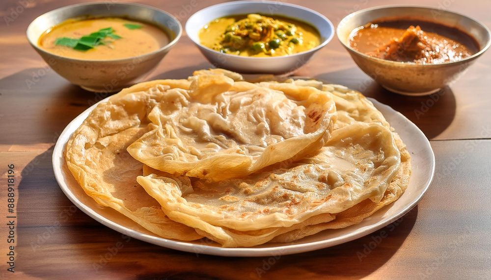 A dynamic shot of Roti Canai, a flaky, crispy flatbread served with ...