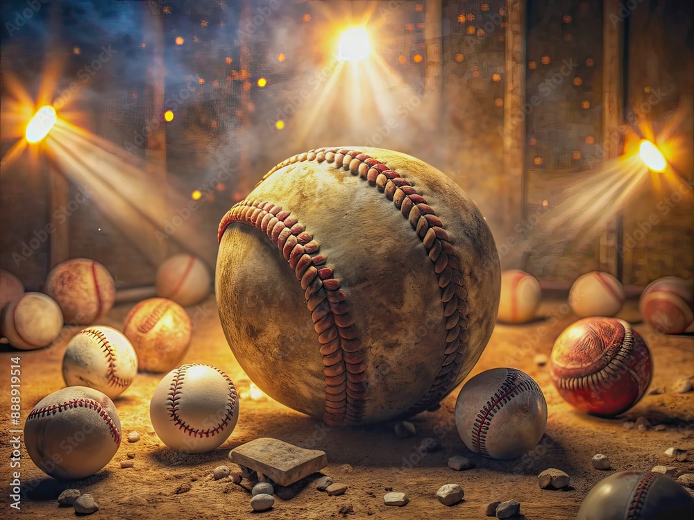 Vintage sports memorabilia scattered around a faded baseball, radiant ...